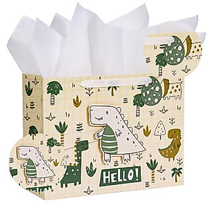 Loveinside Baby Gift Bag Dinosaur and Hedgehog Design with Tissue Paper and Greeting Card for Baby Shower, New Parents, and More - 13" x 5" x 10", 1 Pcs