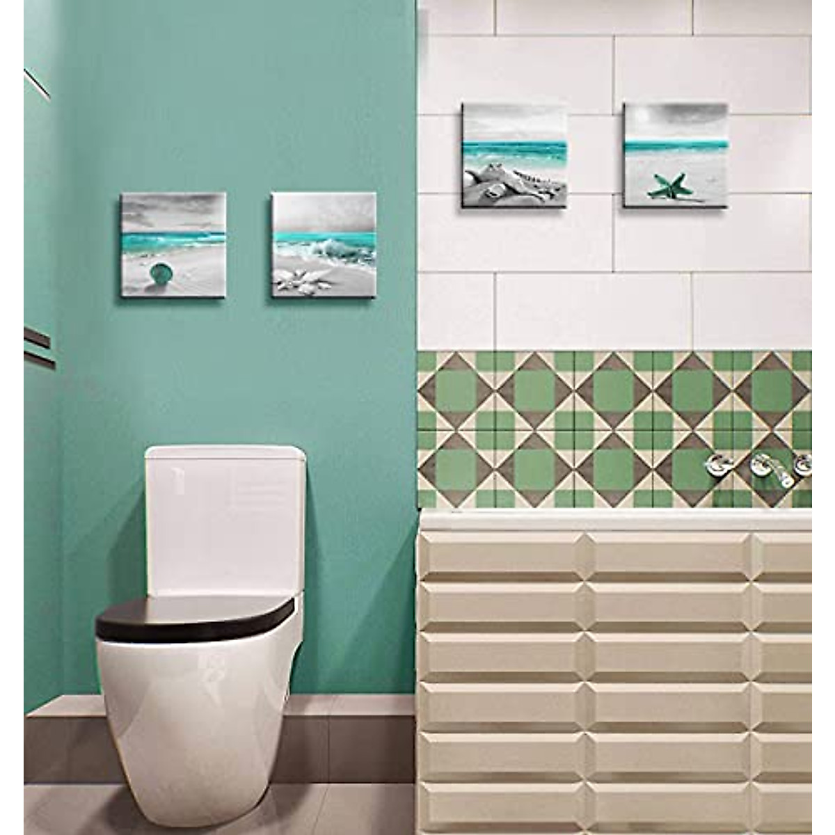 JUFENGART 4 panels green ocean beach wall decoration for bathroom beach canvas prints natural pictures home artwork bedroom living room wall art ready to hang size: 12x12inch/set