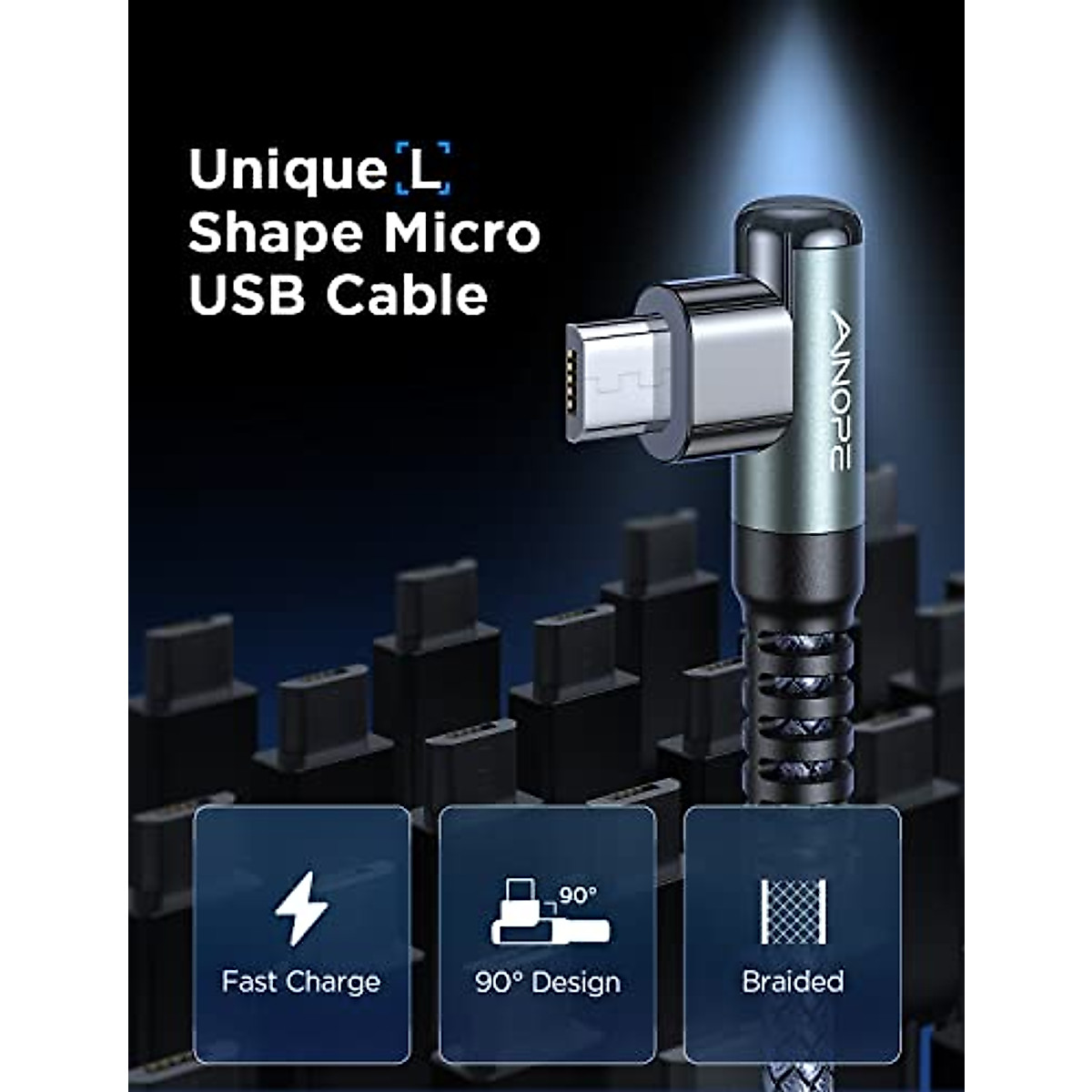 AINOPE Micro USB Cable, (3-Pack, 6.6ft/6.6ft/10ft) Micro USB Charging Cable Right Angle, High Speed Durable Nylon Braided Android Charger Compatible for Fire Tablet, Kindle, Samsung Galaxy S7 S6