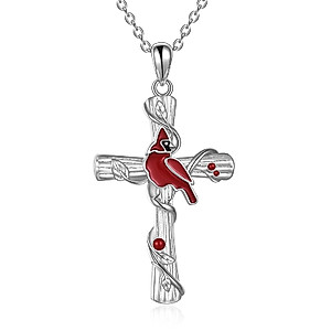 POPKIMI Red Cardinal Pendant Necklace S925 Sterling Silver Cardinal Jewelry Red Bird Memorial Red Cardinal Tree Pendant Jewelry Gift for Women
