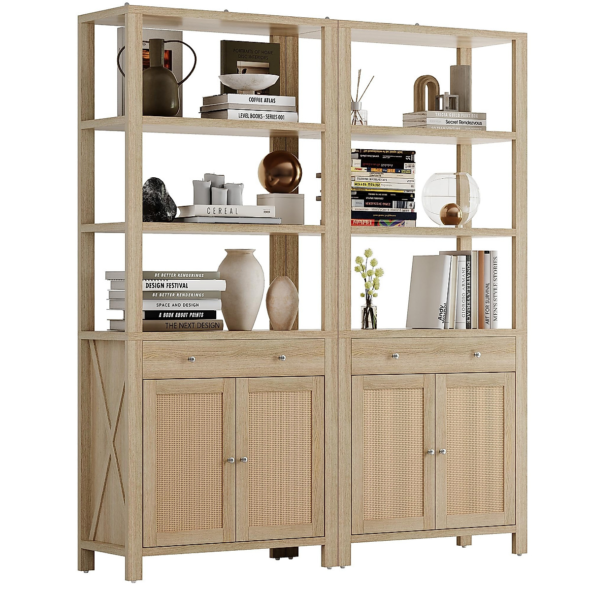 MECHYIN Bookshelf, Bookcase Rattan Boho, Tall 5 Tier Bookshelf Storage Cabinet with Doors and Shelves for Living Room, Bedroom, Kitchen& Library (2 Pieces)