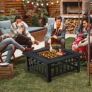 Giantex 32" Outdoor Fire Pit, 3 in 1 Square Wood Burning Fire Table, Multifunctional Firepit for Outside Patio Backyard Porch Garden, Bonfire Stove Fireplace with Rain Cover for Picnic, Camping