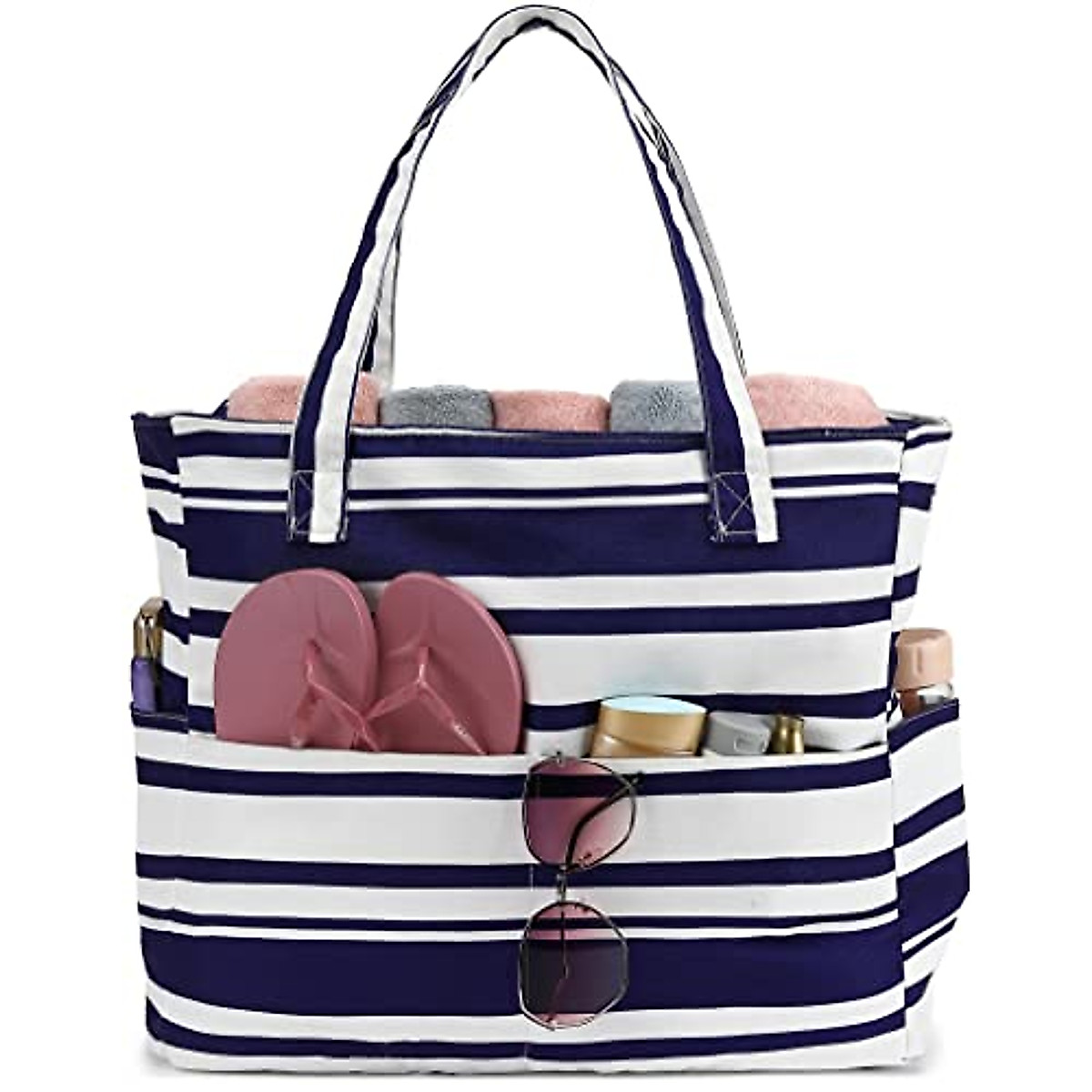 LEDAOU Beach Bag Sandproof Women Tote Bag Pool Bag with Zipper for Gym Grocery Travel with Wet Pocket (Blue White Stripes)