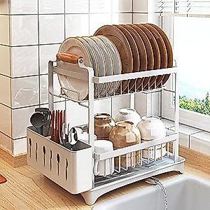 Alienustack Dish Drying Rack with Draining Plate, Dish Rack Cutlery Rack with Water Outlet, Stainless Steel Draining Rack for Kitchen Top - White