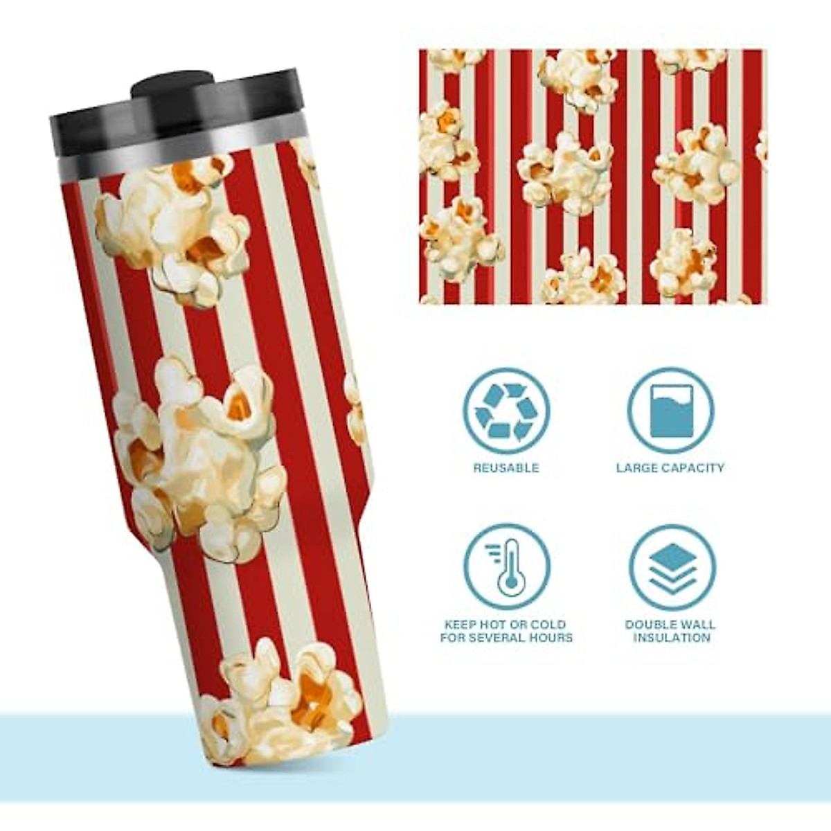 Selerdon 40 oz Tumbler Popcorn Red Striped with Handle and Straw Lid Vacuum Stainless Steel Insulated Water Bottle Travel Mug Car Cup Holder Friendly BPA Free for Gym Travel Office