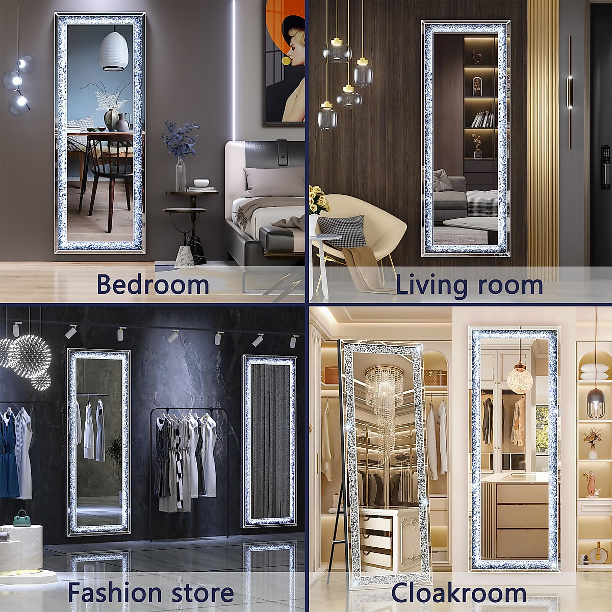 Hasipu Full-Length Mirror 63”×20” with Lights and Crystal Crush Diamond, Wall Mounted Hanging Diamond Mirror Leaning for Living Room Bedroom