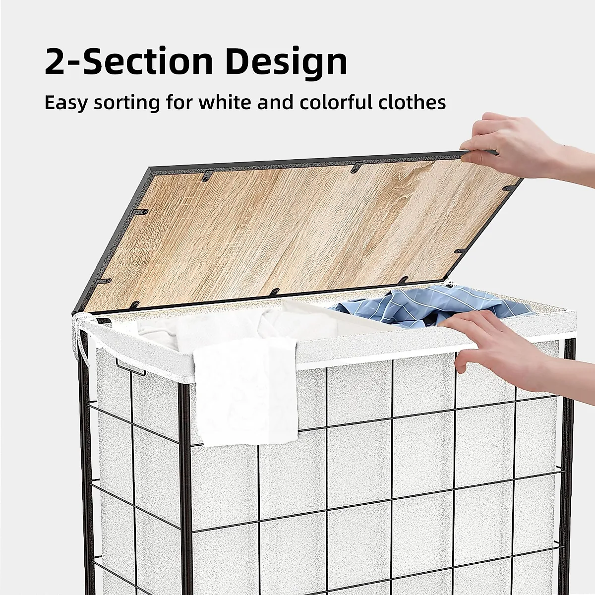 Laundry Hamper with Wheels, 110L(29 Gal.) Large Clothes Hamper with Wood Lid and Wicker Bottom, Rolling Laundry Sorter with Removable Liner Bag for Living Room, Bedroom