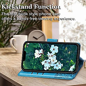 Designed for iPhone 13 Case Wallet for Women,Flip Folio Cover with Butterfly Embossed PU Leather Kickstand Credit Card Holder Slots Magnetic Wrist Strap Protective Phone Case for iPhone 13 (Blue)