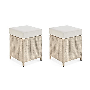 Canaan All-Weather Wicker Outdoor 17" H Square Stools with Cushions, Set of 2