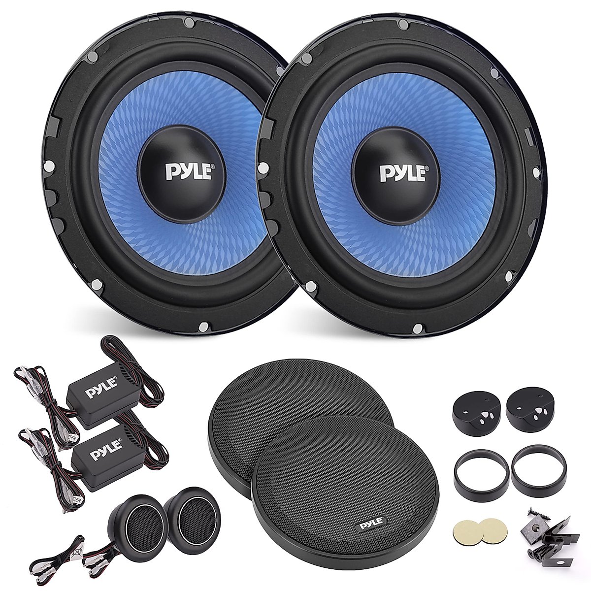 Pyle Two-Way Component Speaker System - One Pair 6.5" Two-Way Component Kit, Non-Fatiguing Butyl Rubber Surround, 360 Watts w/ 4 Ohm Impedance and 1" High-Temperature ASV Voice Coil - PL650CBL