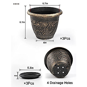MADHOLLY Plant Pots with Drainage Holes & Saucers- Lightweight Resin Flower Pots- Retro Decorative Resin Planters for Indoor Outdoor Garden Flowers Plants (3 Pack)