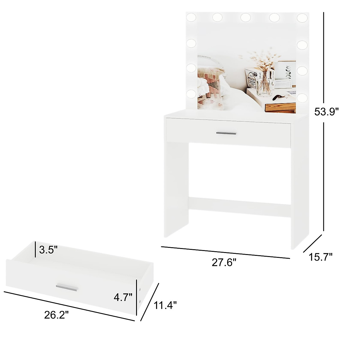 Rovaurx Vanity Table with Large Lighted Mirror, Makeup Vanity Dressing Table with Drawer, Bedroom Dressing Desk for Women, 11 LED Light Bulbs & Adjustable Brightness, White RSZT105W
