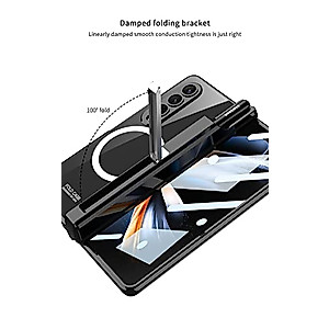 BAILI Galaxy Z Fold4 Magnetic Case,Support Magsafe and Wireless Charger for Z Fold 4,Ultra -Magnetic Suction Z Fold4 Case with Kickstand & S Pen Holder Adapts Vehicle Bracket Clear Mirror Cover Black