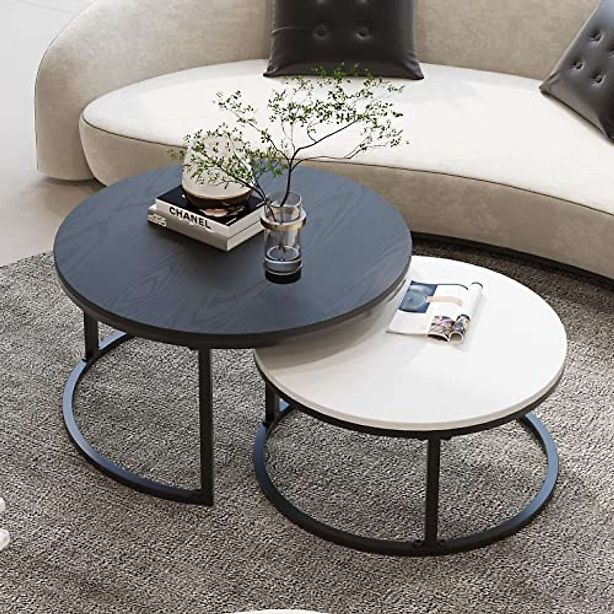 WiberWi Round Coffee Table, Nesting Tables Set of 2, Large : Ø 34.0", Small : Ø 26.0", Modern Design Furniture Side End Table for Living Room, Metal Frame Sofa Table Cocktail Table, Black & White