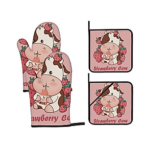 Strawberries and Cows Drinking Milk Insulated Family Friends Oven Mitts and Pot Holders Sets of 4