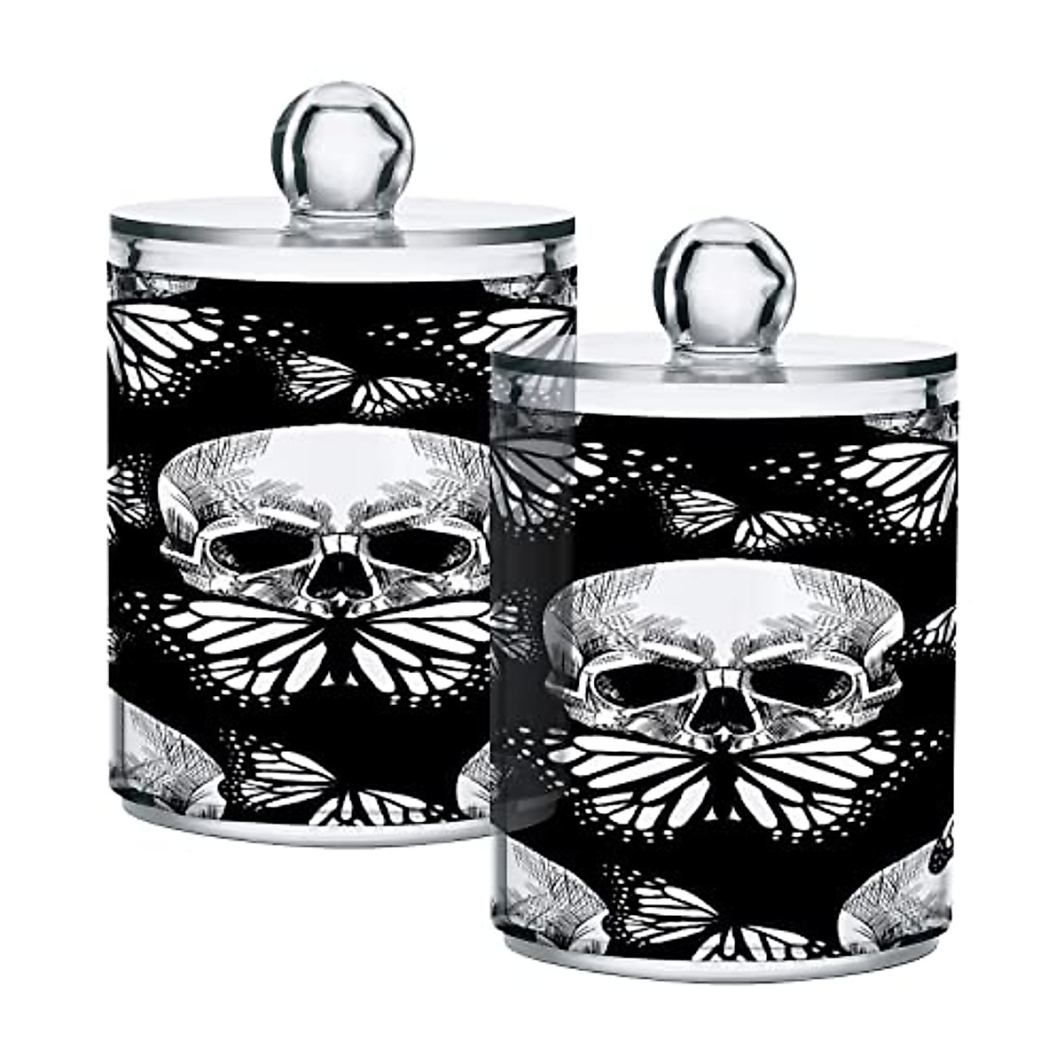 Kigai Skull Butterfly Qtip Holder Set of 4 - 14OZ Clear Plastic Apothecary Jars with Lids Bathroom Container Organizer Dispenser for Cotton Ball, Cotton Swab, Candy, Floss, Spices