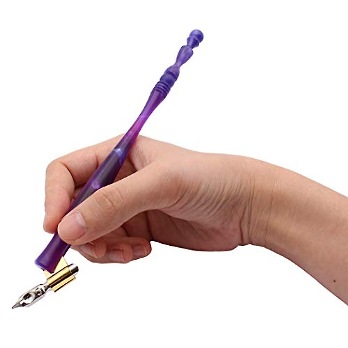 Xiaoyu Calligraphy Oblique Nib Pen Holder, English Calligraphy Pen Nib Holder, Resin Dip Pen Handle Nib Holder with 5 Flat Nibs, Blue and Pruple