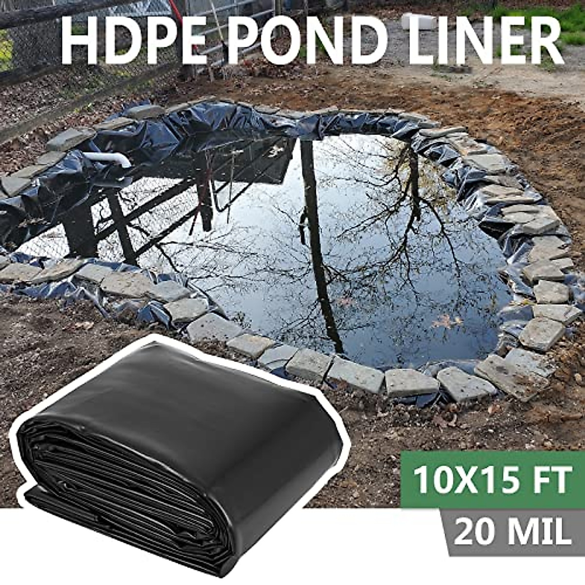 Topdeep 10x15 ft Pond Liner, LDPE 20 Mil Thickness Fish Pond Liners for Outdoor Ponds, Pond Skins for Waterfall, Fish or koi Pond, Fountains and Bed Planter