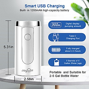 JOYHILL 5 Gallon Water Bottle Pump - Foldable Spout, Smart LED Display, Quiet Operation, Long-Lasting 1200mAh Battery, Food-Grade Material, Portable for Home, Office & Outdoor Use (Black)