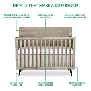 Evolur Stilnovo Mid Century 4-in-1 Convertible Crib in Windsor Oak Grey, Greenguard Gold Certified , 56x30.25x47 Inch (Pack of 1)
