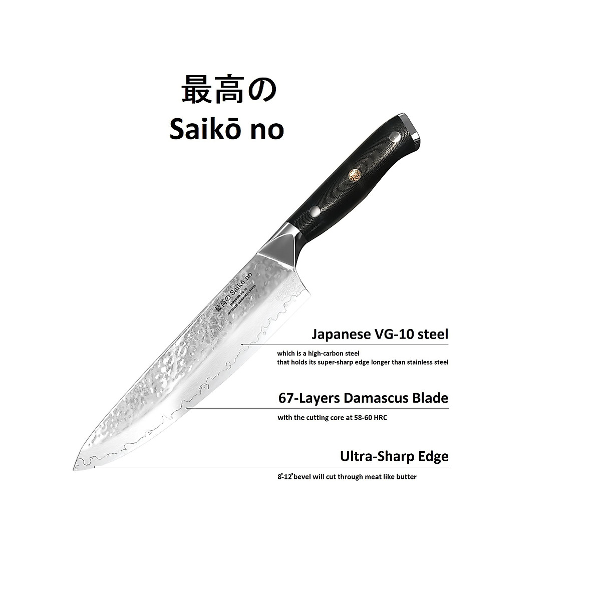 SAIKO NO 8 Inch Knife – 8 Inch Chef Knife with Sheath and Gift Box – Ultra Sharp VG10 Japanese Steel 8in Chef Knife – 8 Inch Kitchen Knife – 8 Inch Japanese Chef Knife