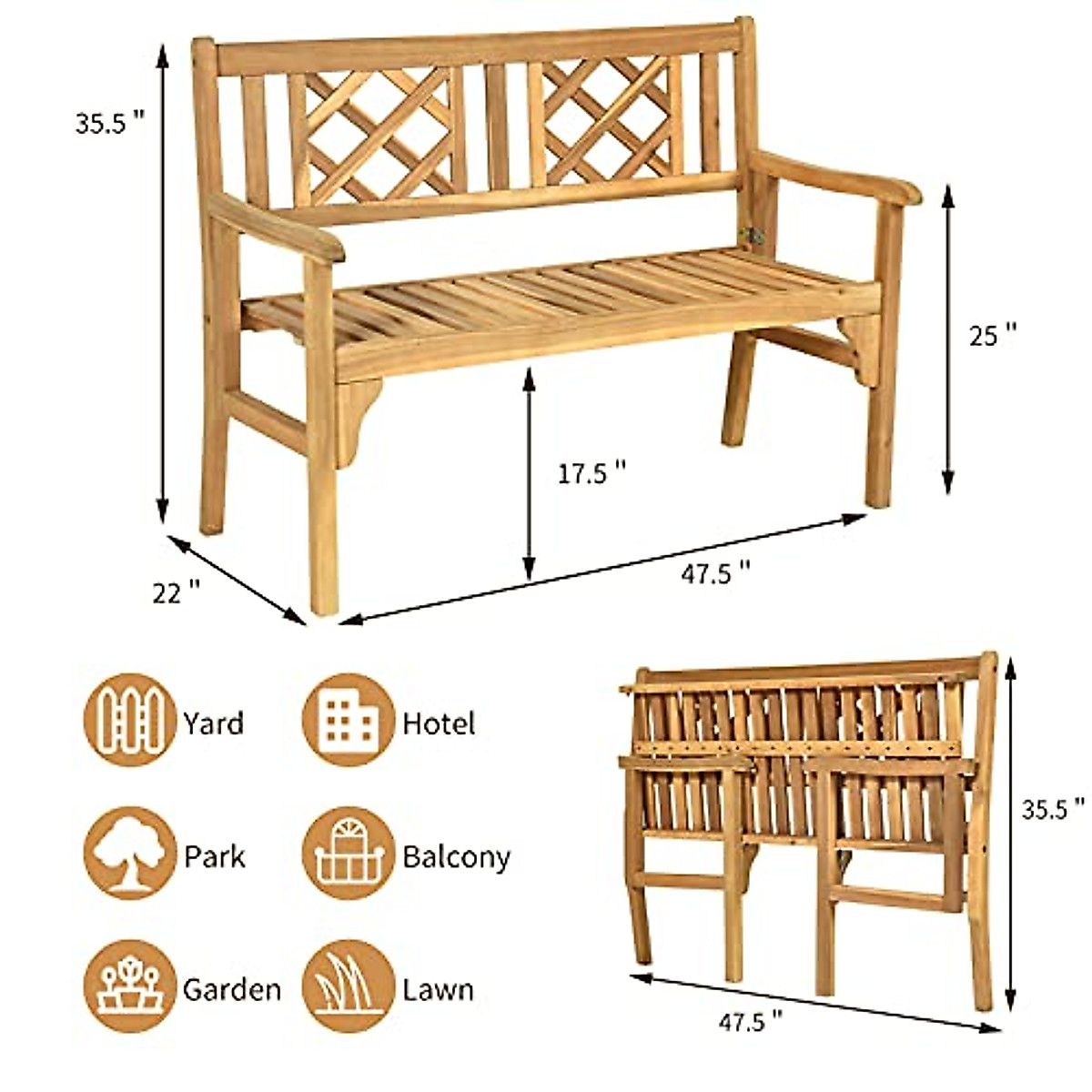 Tangkula Folding Wood Garden Bench, 2 Person Foldable Acacia Patio Bench with Heavy Duty Structure, Locks, Wide Curved Armrest and Backrest,for Yard, Deck, Balcony, Park (Teak)