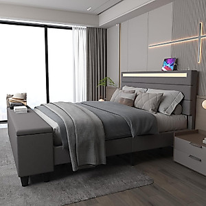 Kallabe Full Size Bed Frame with Ottoman, Upholstered Headboard with LED Lights and USB Ports, Noise-Free Bed Frame with Solid Wooden Slats Support, No Box Spring Needed, Easy Assembly, Grey