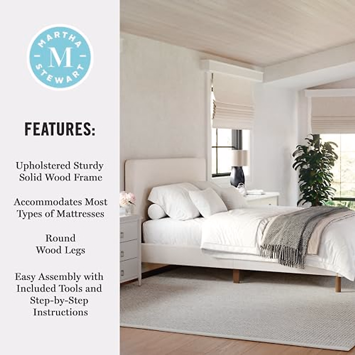 Martha Stewart Britta Platform Bed with Headboard & Footboard, Faux Linen Upholstery with Piping Detail, Rounded Headboard, No Box Spring Needed, Full, Beige