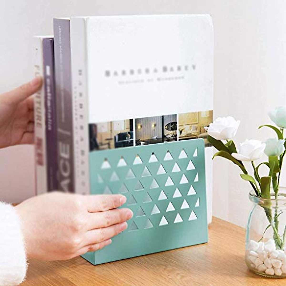 n/a Metal Creative L-Shaped Iron Hollow Desk Bookshelf Storage Bag Stand Desktop Office Household Accessories Bookend ( Color : Gray )