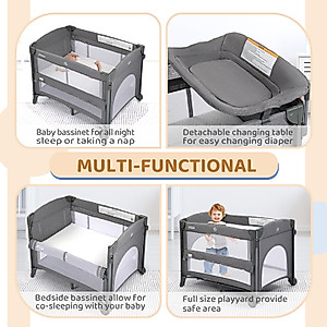 JOYMOR 5 in 1 Baby Bassinet with Changing Table, Besdide Bassinet, Portable Pack and Play with Bassinet, Mattress and Sheet, Toy, Wheels, Carry Bag for Boys Girls