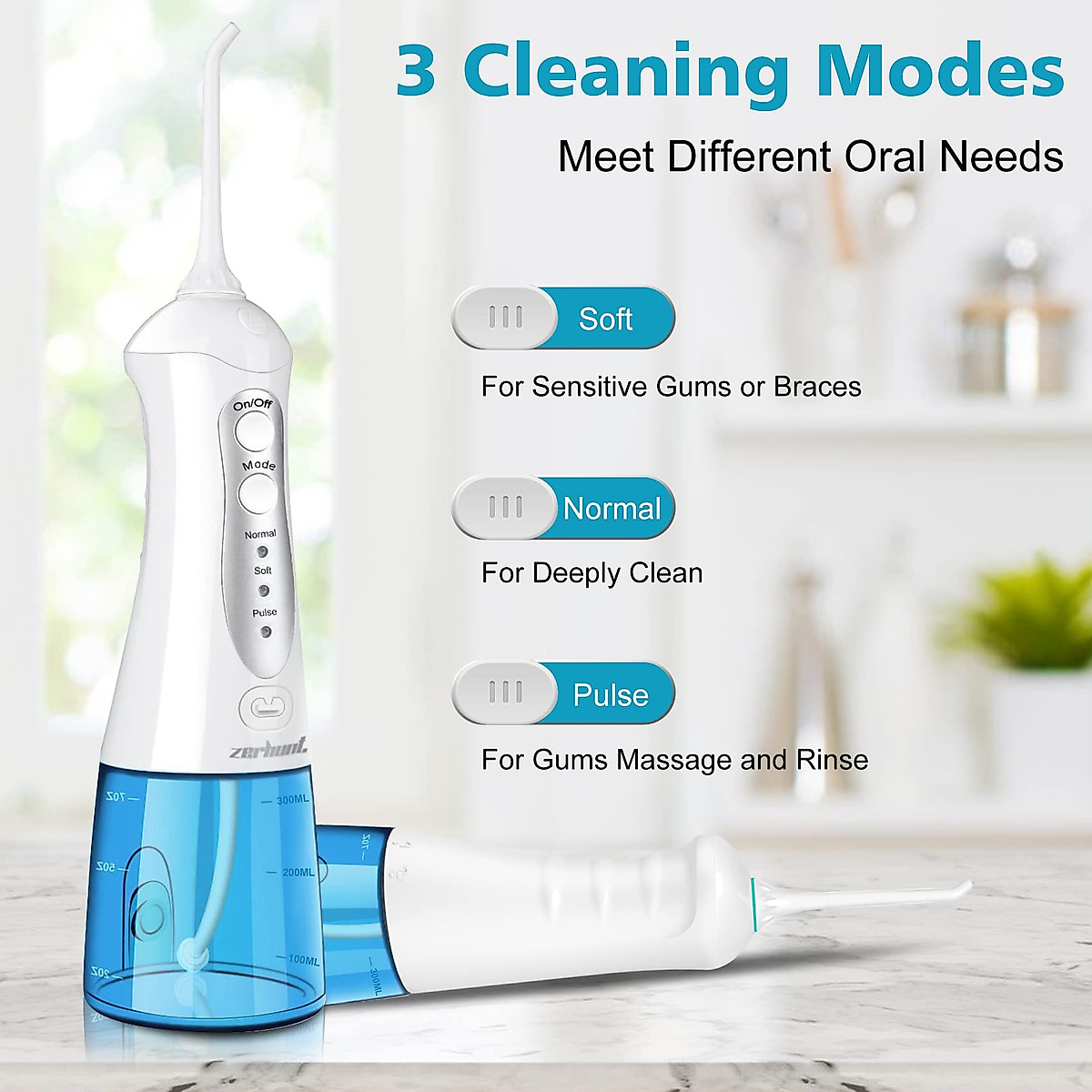 Water Flosser Cordless Teeth Cleaner, Professional Wate Flosser Oral Care for Braces Bridges Care IPX7 Waterproof Dental Flosser with 4 Interchangeable Jet Tips, Detachable Water Tank for Home Travel
