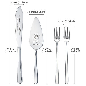 AW BRIDAL 4Pcs Wedding Cake Knife and Server set with Forks, Stainless Steel Engraved Cake Cutting and Pie Server Gifts for Bridal Shower Engagement, Silver