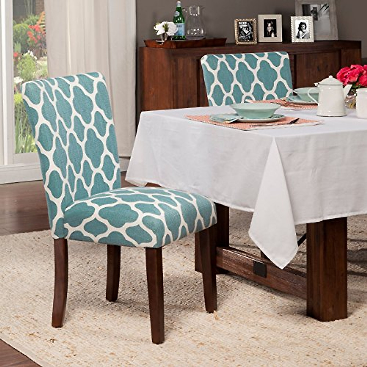 HomePop Parsons Classic Upholstered Accent Dining Chair, Set of 2, Teal and Cream Geometric
