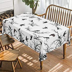 Horaldaily Halloween Tablecloth 60x84 Inch Rectangular, Crow Tree Washable Table Cover for Party Picnic Dinner Decor
