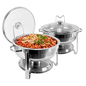 BriSunshine 2 Packs 430 Stainless Steel Chafing Dish Buffet Set, 4 QT Round Chafing Dish with Glass Lid & Lid Holder, Food Warmers for Parties Buffet Wedding Catering