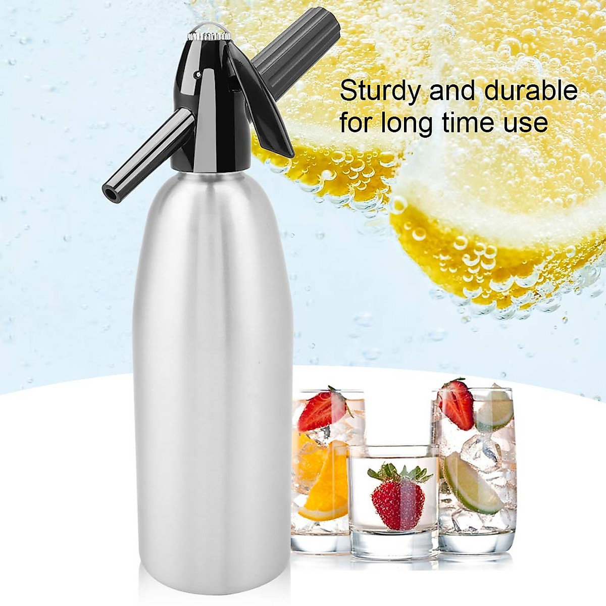 ANKROYU 1L Fashionable Attractive Soda Siphon with Pressure Regulator, Portable Alloy Soda Water Bottle Cup, Soda Maker Machine Sparkling Water Maker for Juice Drinks Cocktail(Silver)