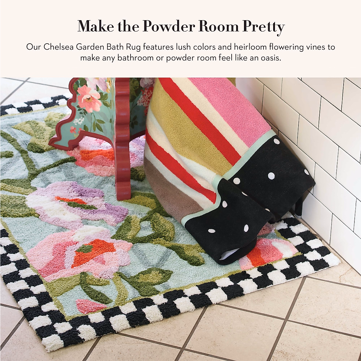 MACKENZIE-CHILDS Bath Rug, Bath Mat for Bathroom Use, Cotton Rug, Chelsea Garden