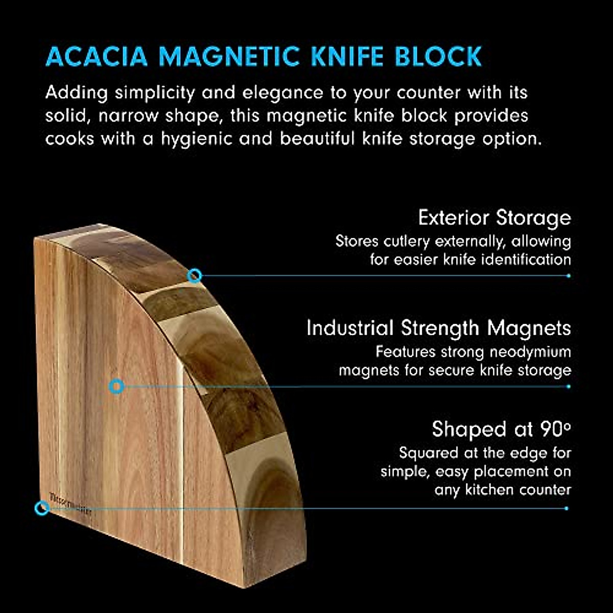 Messermeister Magnetic Knife Block, Acacia - Elegant, Durable & Secure - Holds 10 Knives or Steels & Scissors - 10"w x 10"h x 3"d