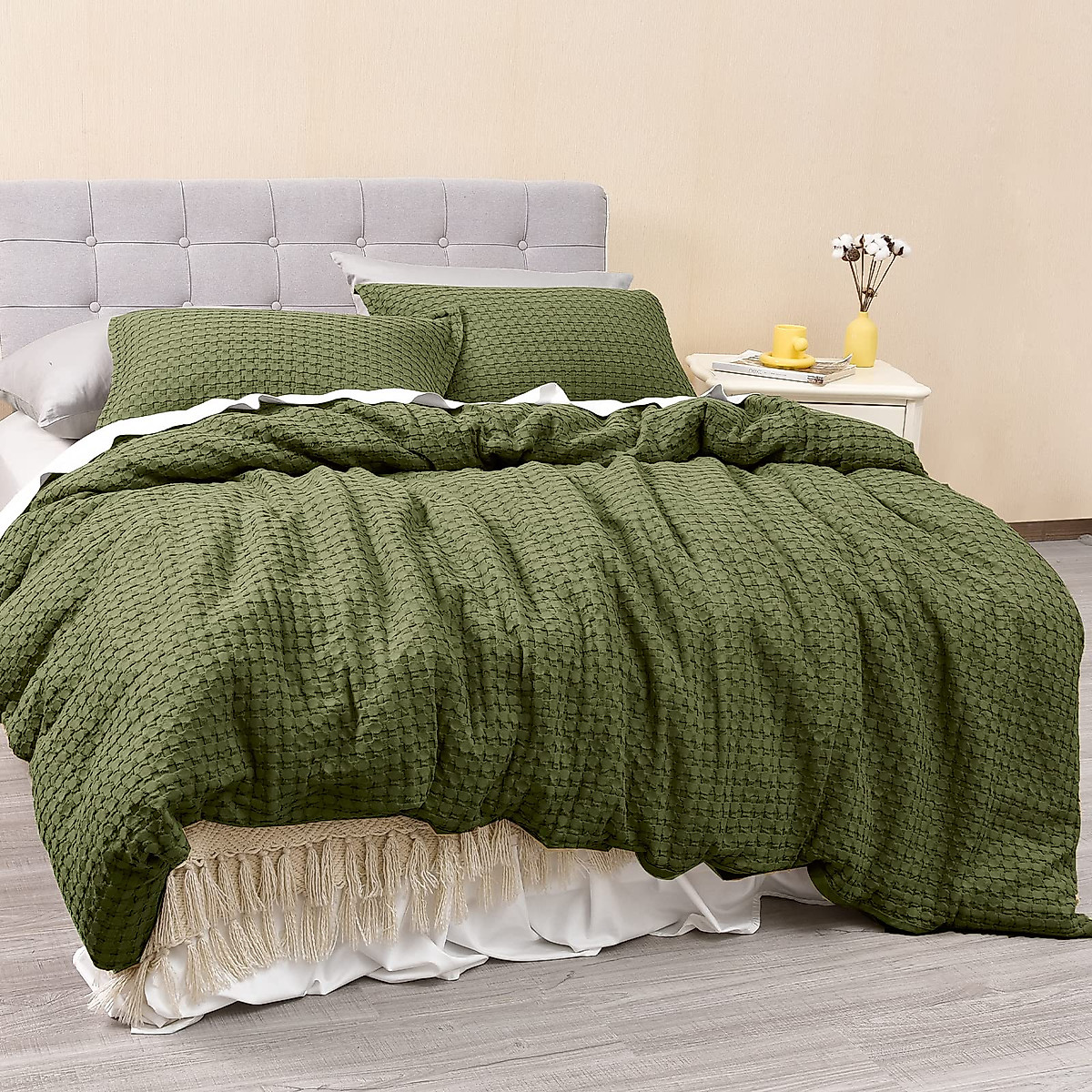 PHF 100% Cotton Waffle Duvet Cover King, Ultra Soft Skin-Friendly Duvet Cover Set for All Season, Luxury Decorative Textured Comforter Cover with Pillow Shams Bedding Collection, 104"x90", Olive Green