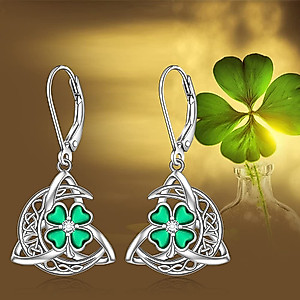 Shamrock Earrings St Patricks Day Earrings for Women Celtic Knot Four Leaf Clover Trinity Irish Leverback Drop Sterling Silver Green Jewelry