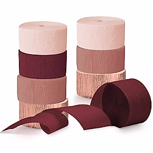 NICROLANDEE 8 Rolls Burgundy Rose Gold Crepe Paper Streamer Rolls for Birthday Wedding Engagement Bridal Shower Bachelorette Anniversary Valentine's Day Decorations