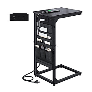 NEFROM Side Table, C-Shaped End Table with Charging Station, Small Couch Table with Storage Bag, Sofa Table for Bedroom, Living Room, Bedside ET-BK-1