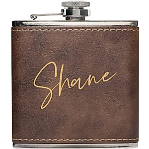 Personalized Flask For Wedding Gift. Customized Flask Gift Set. Engraved Leatherette Flask With Optional Gift Box For Groomsmen Gifts. Engraved Flask (Rustic & Gold)