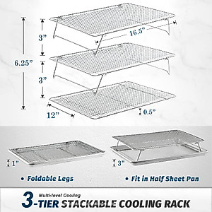 HIWARE Stainless Steel Stackable Cooling Rack for Baking, 3 Tier 12”x 16.5”,Oven & Dishwasher Salf and Fit Half Sheet,Wire Cooling Racks for Cookie, Pizza, Cake