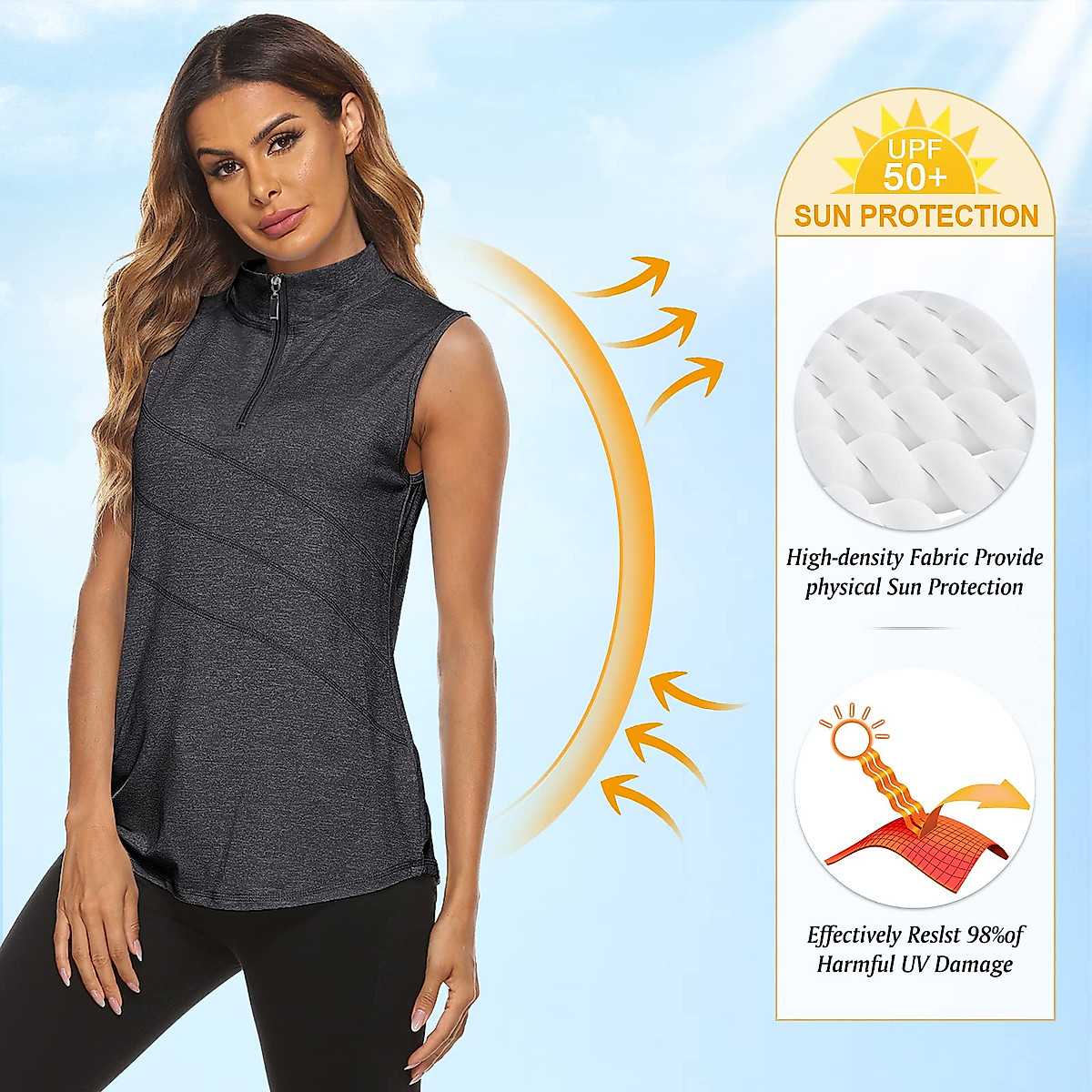 Koscacy Golf Shirts for Women,Sports Polo Athletic Zipper Tank Tops 1/4 Zip Sleeveless Tops Ladies Soft Surroundings Quick-Dry Exercise Outdoor Recreation Hiking Black Medium