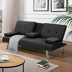 Lunale Futon Sofa Bed, Convertible Tufted Futon Sofa Couch with 2 Cup Holders, Modern Leather Futon Couch with Removable Armrest for Apartment Living Room Small Space, Sleeper Sofa, Black
