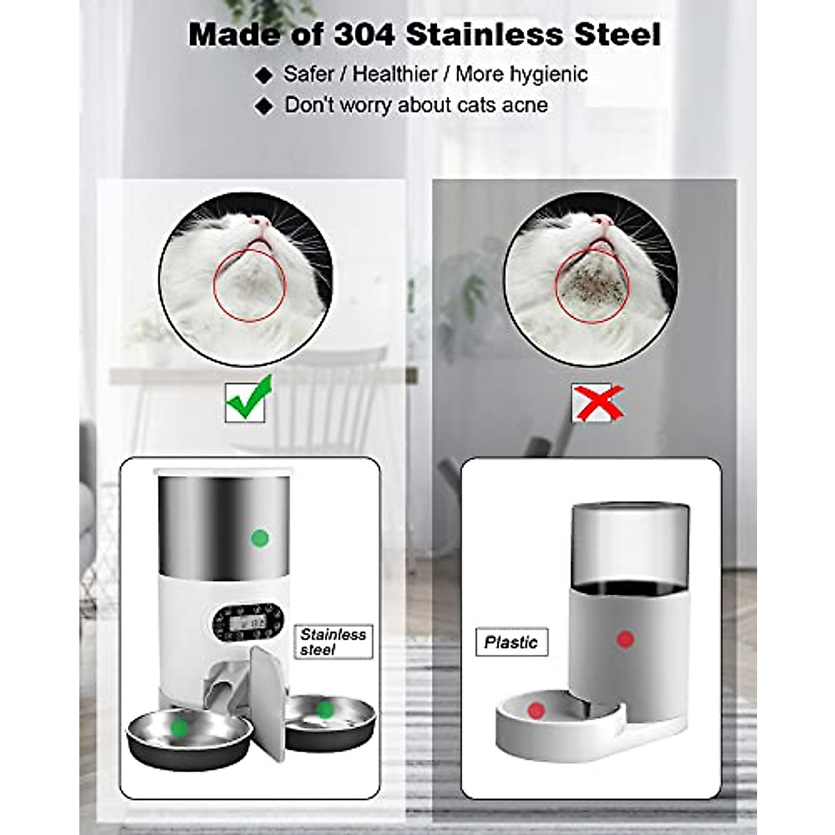 HUICOCY Automatic Cat Feeders, 304 Stainless Steel Timed Cat Food Dispenser for 2 Cats & Small Dog, 4.5L Pet Feeder with 2-Way Splitter, 1-4 Meals Portion Control,10s Voice Recorder, Dual Power Supply