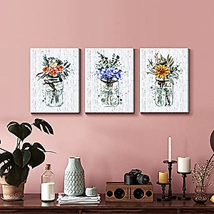 Rustic Flower Canvas Wall Art for Living Room 3 Piece Floral Bouquet in Vase with Rope Love Home Life Theme Inspirational Artwork Framed Botanical Print for Home Bedroom Bathroom Farmhouse,12x16inch