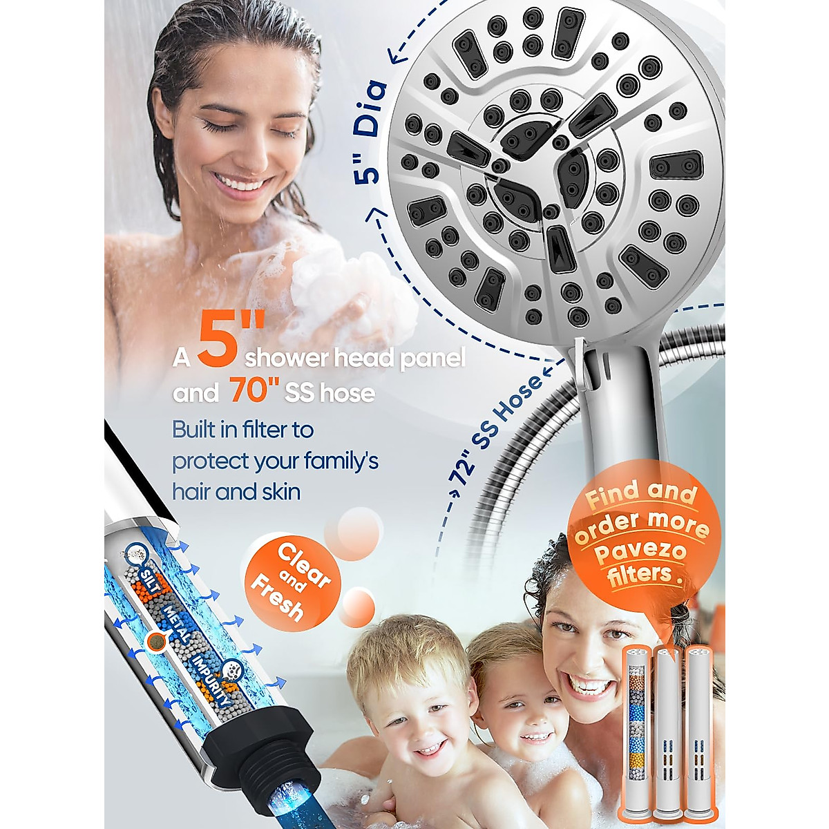 Pavezo High Pressure Shower Head Handheld 5" Large, Extra Long 72" SS Hose 10-mode Portable Detachable Shower Head with Hard Water Filter for Bathroom, Anti-clog & Powerful to Clean Tile & Pets