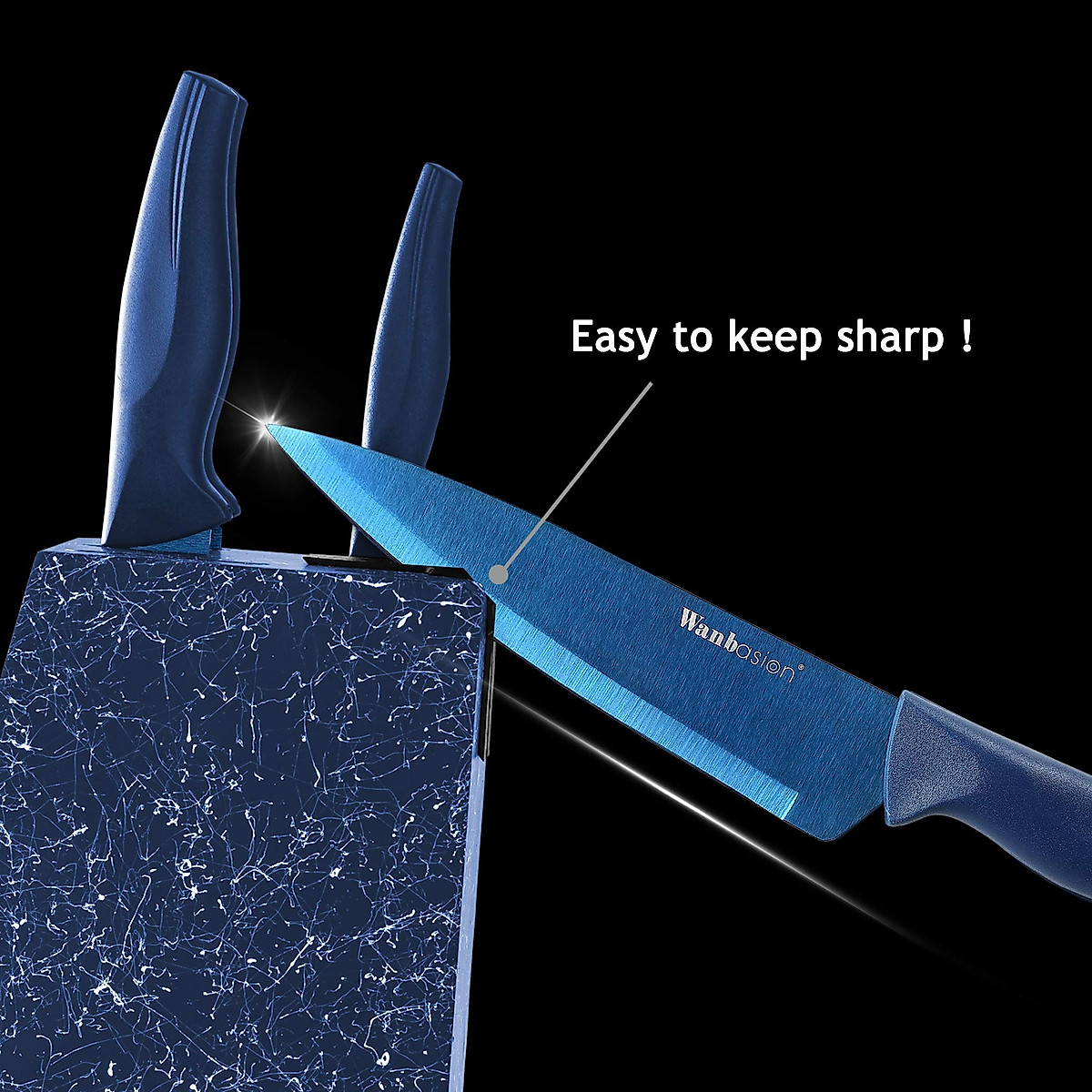 Wanbasion Marbling Kitchen Knife Set With Block, Sharp Kitchen Knife Set Block, Stainless Steel Chef Knife Set with Block Sharpener 6PCS Blue